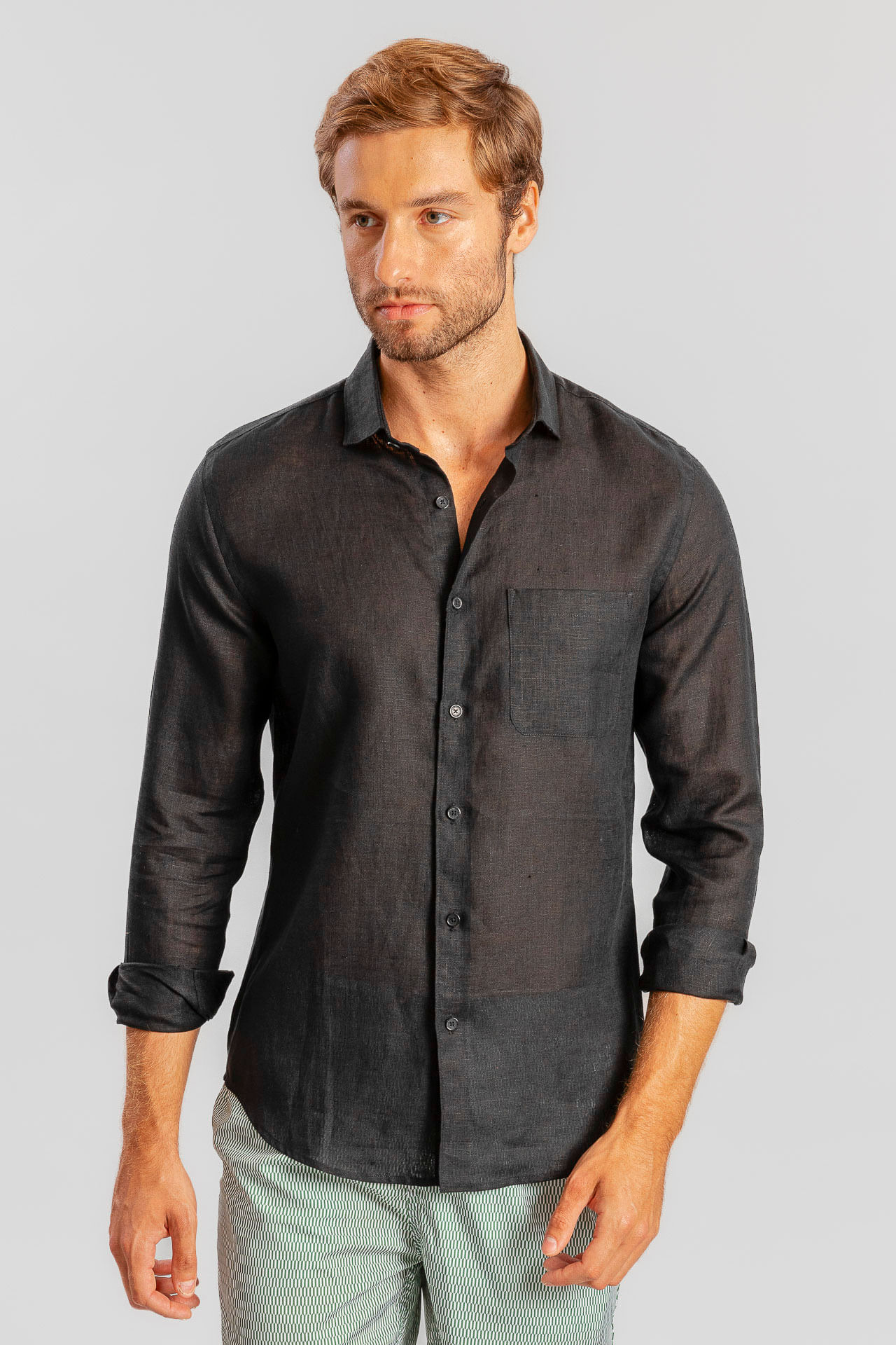 Camisa Ml Linho Puro Com Bolso - Preto - Sergio K.